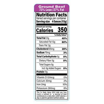 Ground Beef-73% Lean / 27% Fat Label