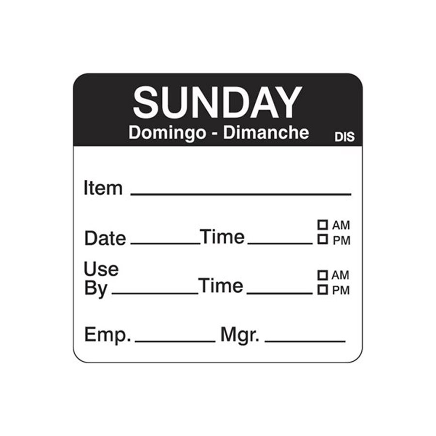 Shelf Life-Day of Week - Sunday Label